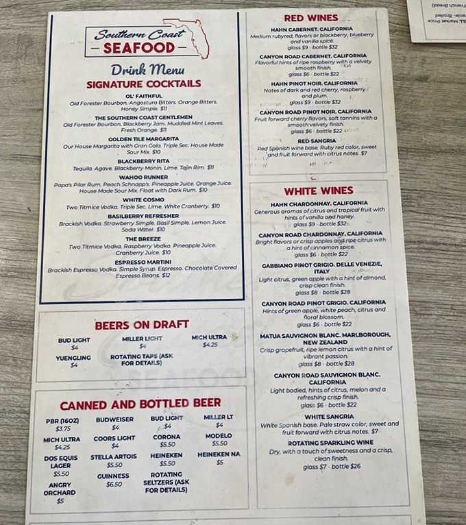 The drink menu reads like a love letter to Florida, with cocktails named after local fish and coastal landmarks.