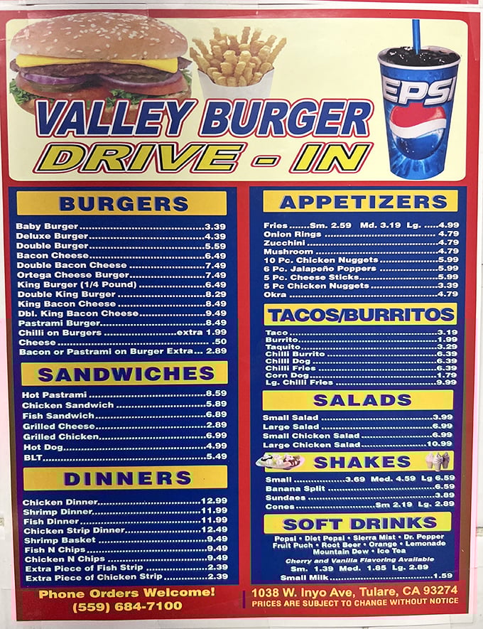 The menu board at Valley Burger is a roadmap to happiness, offering everything from basic burgers to loaded specialties.