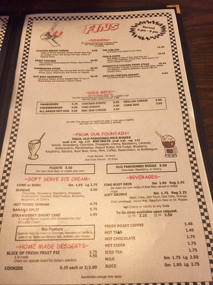 This menu isn't just food&mdash;it's a manifesto of comfort. From thick shakes to burgers, Fins proves paradise can indeed be found on laminated paper.