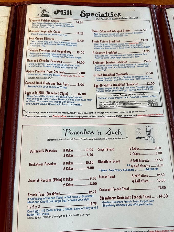 This menu isn't just a list of options&mdash;it's a roadmap to happiness. The "Mill Specialties" section alone could solve most of life's problems.