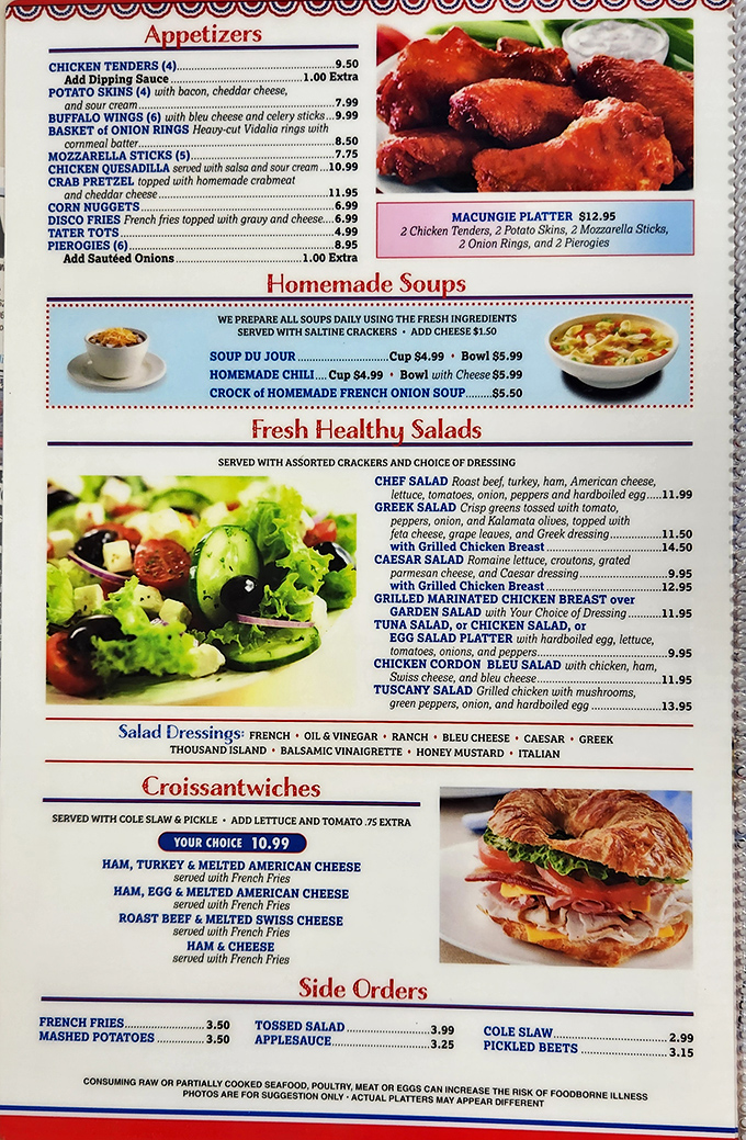 This menu reads like a love letter to comfort food classics, with those legendary crab cakes stealing the spotlight.