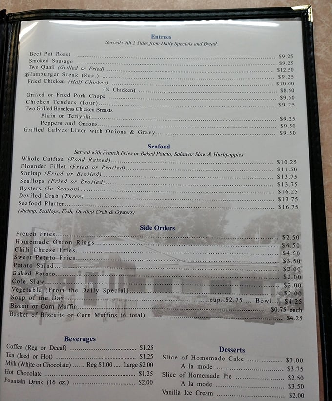 A menu that reads like a love letter to Southern comfort food. No fancy descriptions needed when the dishes speak for themselves.