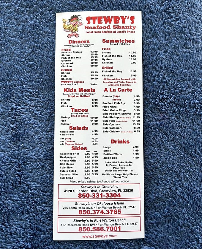 The menu at Stewby's reads like seafood poetry&mdash;straightforward offerings with no fancy descriptions needed. The "samwiches" spelling alone tells you you're in good hands.