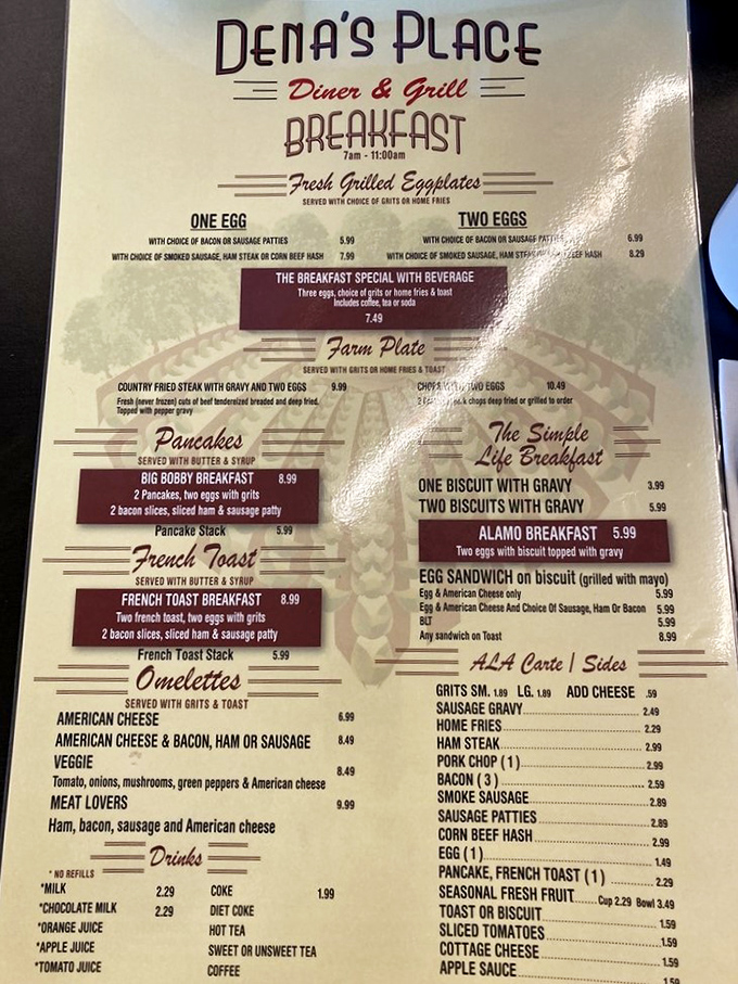 A menu that reads like a love letter to breakfast enthusiasts, offering everything from "Fresh Grilled Eggplates" to the mighty "Meat Lovers Omelette."