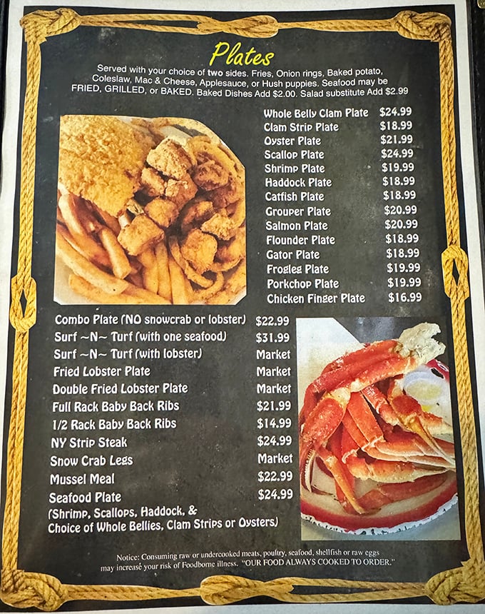 A menu that reads like poetry to seafood lovers. The whole belly clam plate isn't just a meal, it's a religious experience.