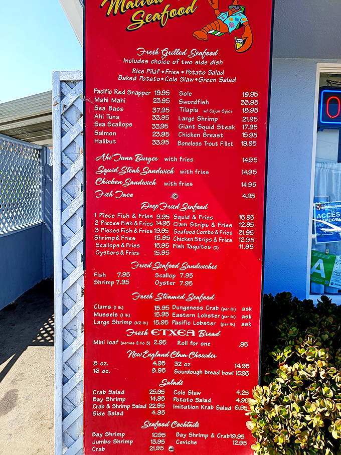 The menu board at Malibu Seafood reads like poetry to seafood lovers. Decisions, decisions&mdash;all of them delicious!