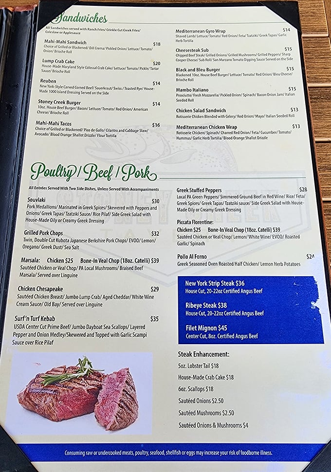 A menu that speaks the universal language of comfort: crab cakes, steaks, and Greek-influenced dishes that make decision-making the hardest part of your meal.