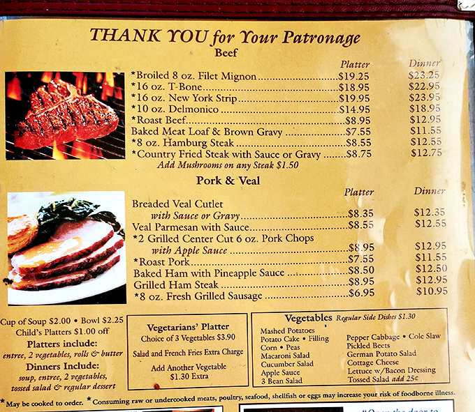 The menu reads like a love letter to carnivores. When they list "Thank You for Your Patronage" at the top, they really mean it.