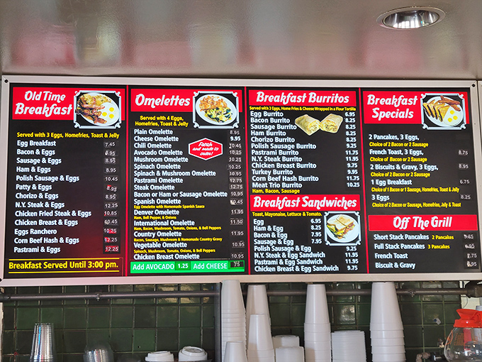 This breakfast menu board isn't just information&mdash;it's a roadmap to happiness with omelets, burritos, and pancakes competing for your morning allegiance.