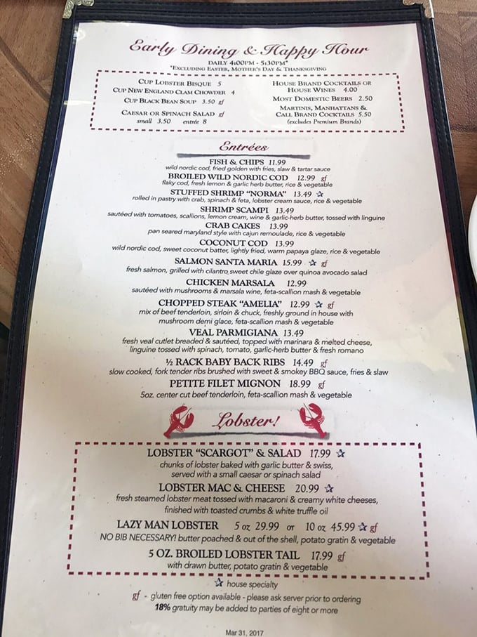 A menu that reads like a love letter to seafood lovers, with that "Lazy Man Lobster" option speaking directly to those of us who prefer eating to wrestling.