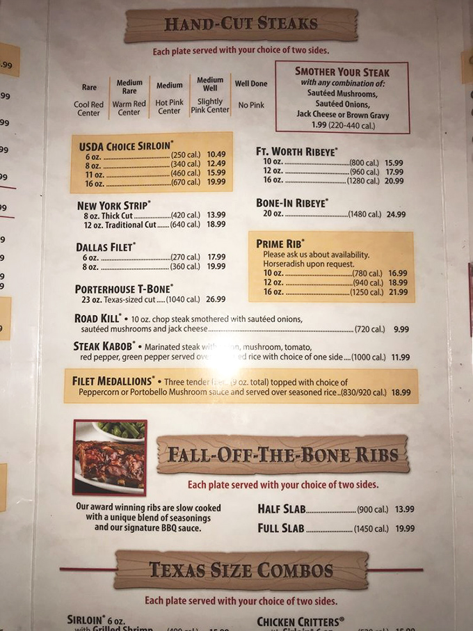 The menu reads like a roadmap to happiness. Each steak listing feels like a delicious destination waiting to be discovered.