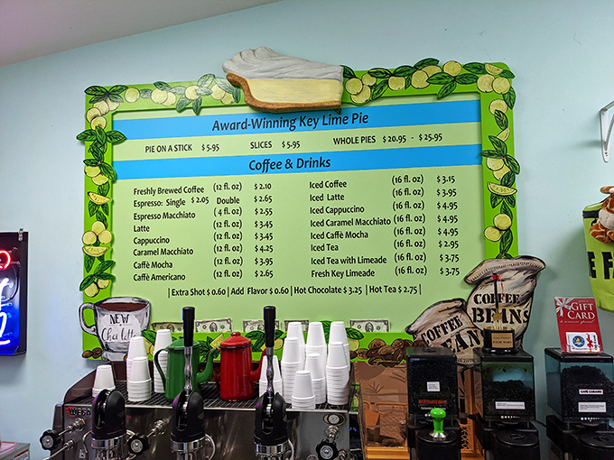 The menu board, adorned with painted limes, offers a tantalizing preview of the tart treasures awaiting your taste buds.