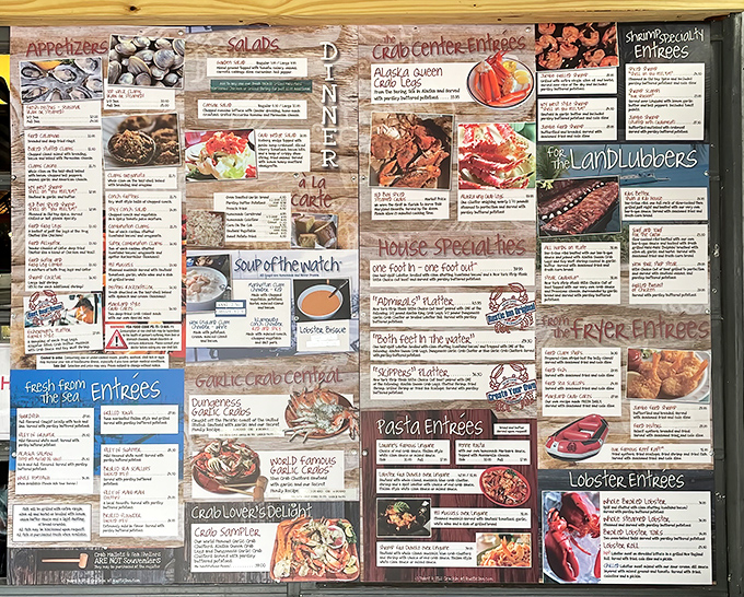 This menu isn't just reading material&mdash;it's a treasure map to seafood nirvana. X marks the spot at "World Famous Garlic Crabs."