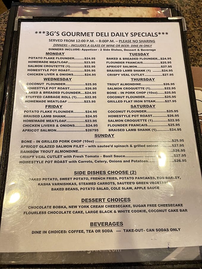 The daily specials board reads like a love letter to comfort food classics, from homemade meatloaf to rainbow trout almondine.