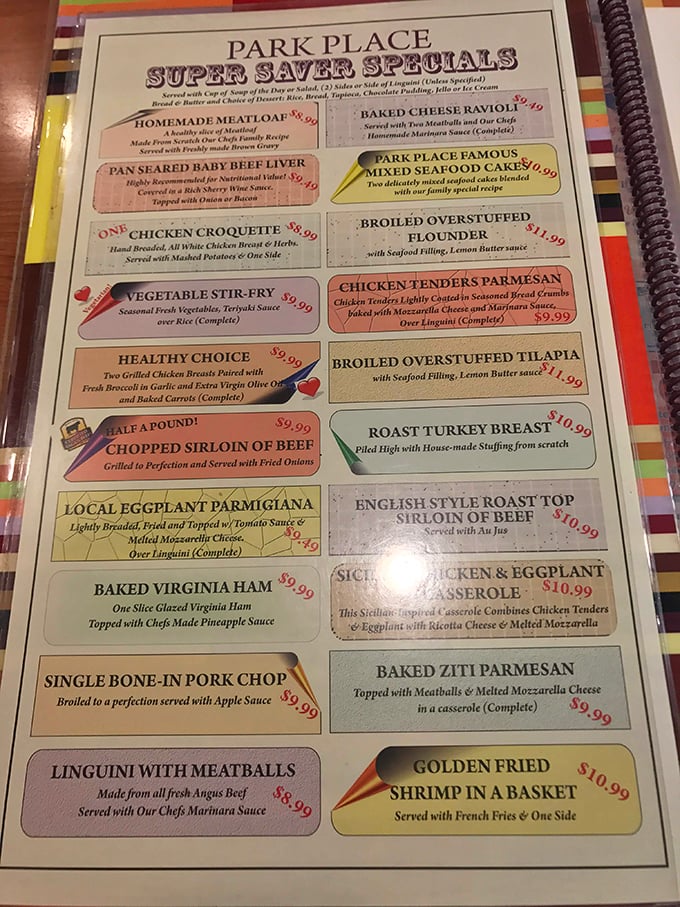 From homemade meatloaf to golden seafood cakes, this menu reads like comfort food poetry.