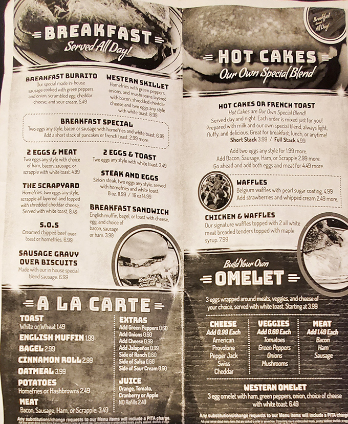 "Breakfast Served All Day" &ndash; four words that separate civilization from chaos. The menu promises both nostalgia and nourishment.