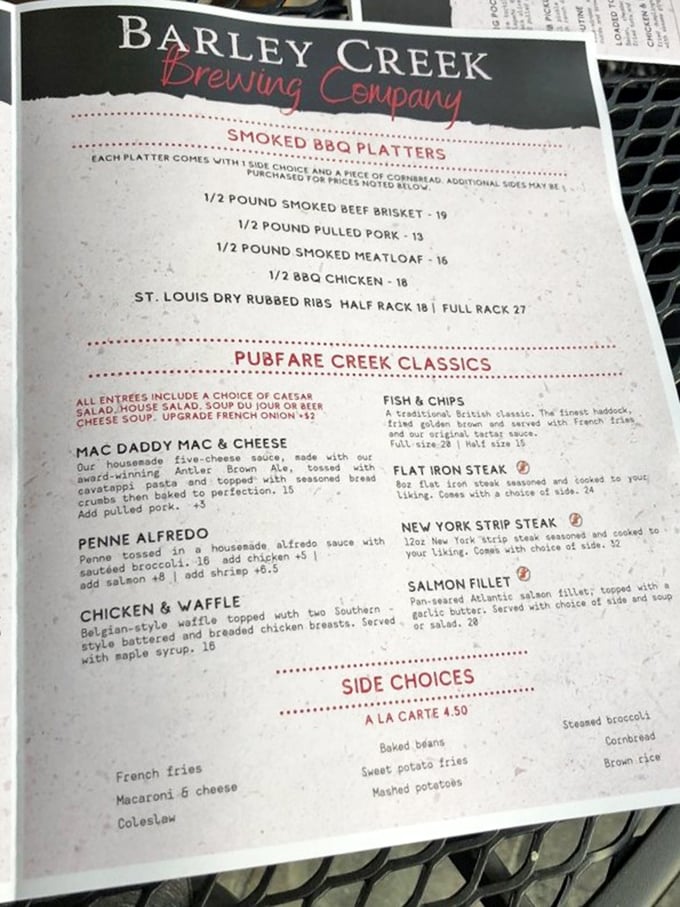 A menu that reads like a love letter to comfort food classics, each with that special Barley Creek twist that keeps regulars coming back for more.