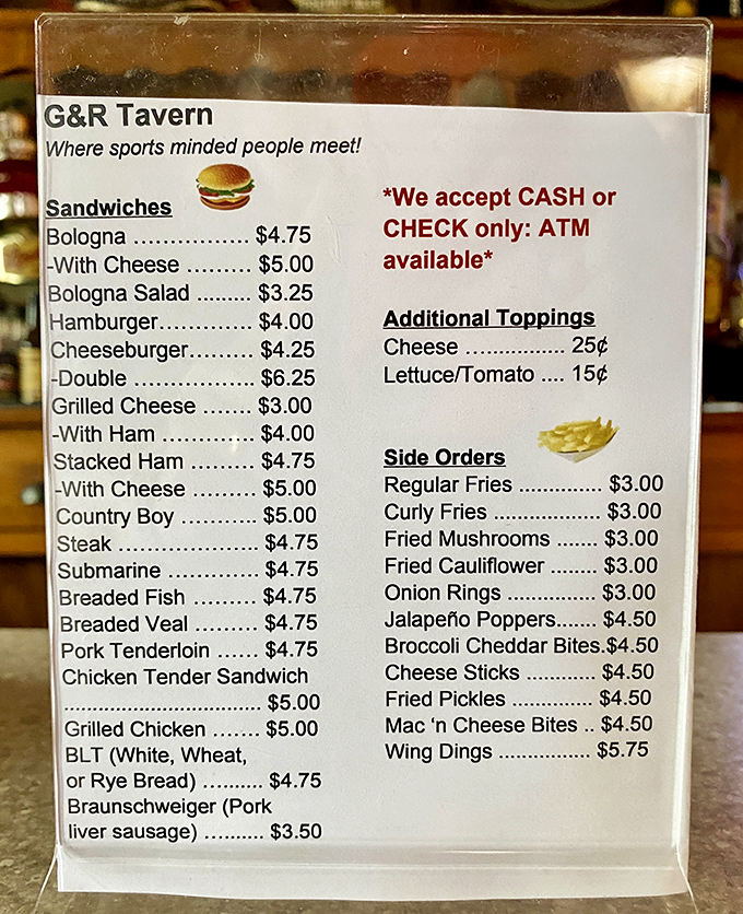 The menu reads like a love letter to Midwestern comfort food. No fancy descriptions needed when the star attraction is a legendary bologna sandwich.