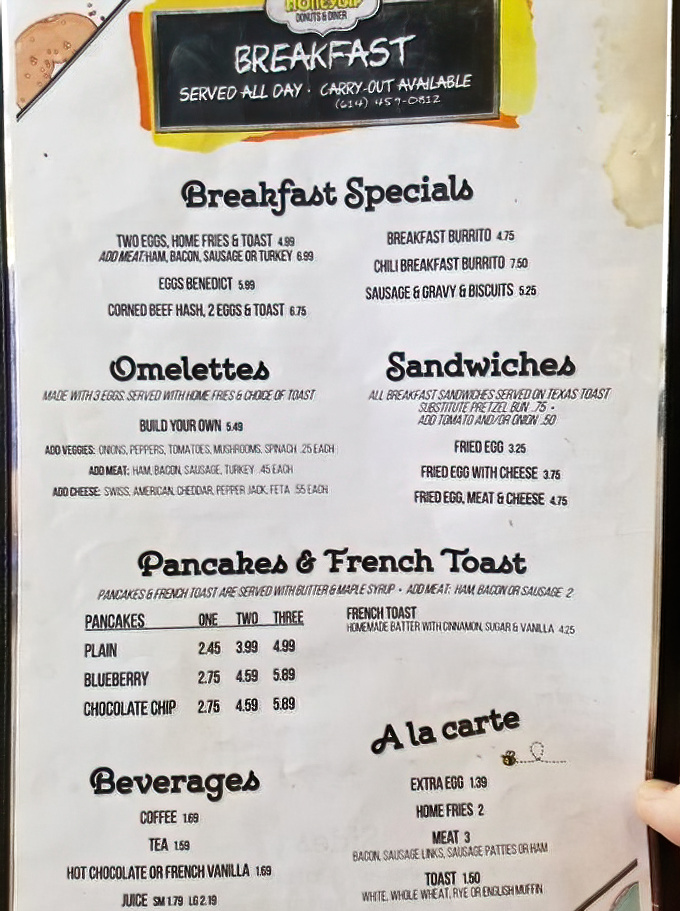 This menu isn't trying to reinvent breakfast—it's perfecting it. Simple, straightforward options that promise satisfaction without needing a translator.