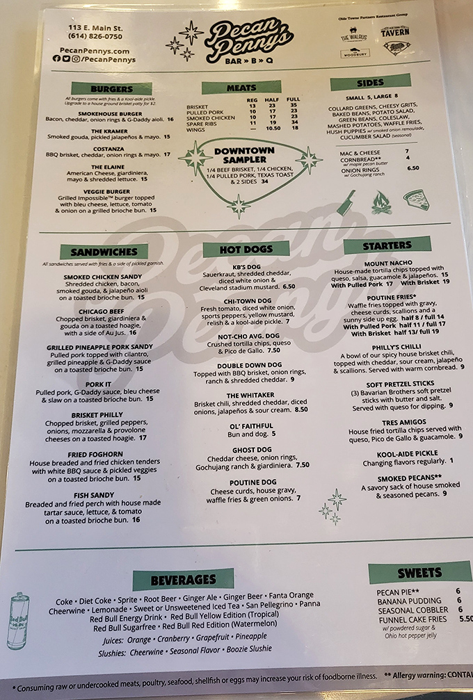 A menu that reads like a love letter to smoked meats, with the "Poutine Fries" hiding in plain sight among hot dogs and sandwiches.