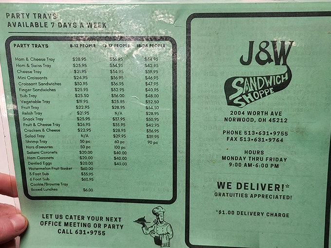 When a menu offers "Party Trays Available 7 Days a Week," it's not just selling food – it's selling the promise of becoming the hero of your next office gathering.