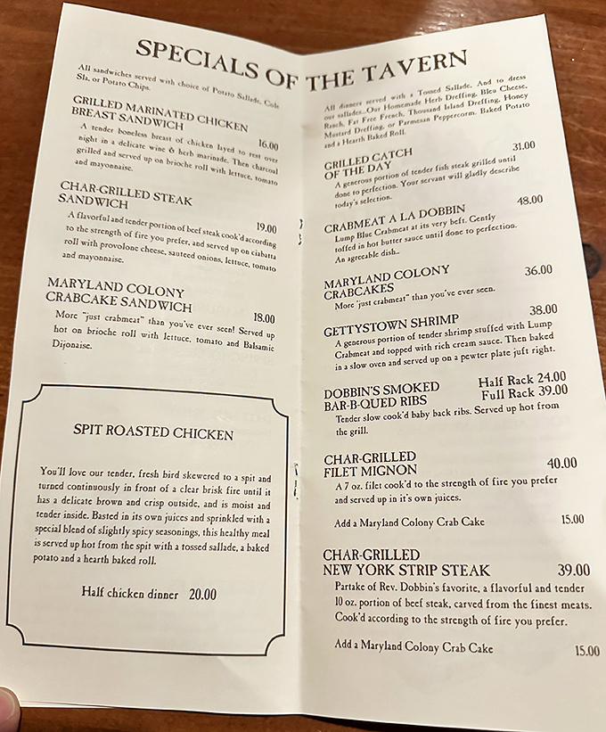 This isn't just a menu &ndash; it's a time machine disguised as dinner options. The "Spit Roasted Chicken" alone would make Benjamin Franklin drop his kite. 