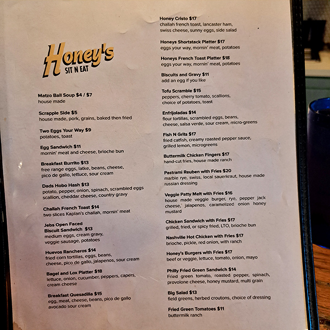 This menu reads like a love letter to breakfast enthusiasts. Choosing just one item might be the hardest decision you'll make all day.