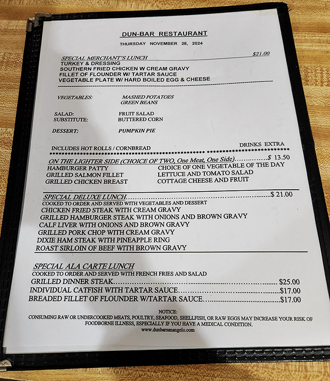 A menu that hasn't changed since rotary phones were cutting-edge technology, and thank goodness for that. Some perfection needs no updating.