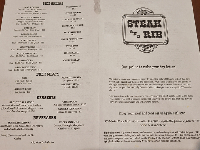 A menu that reads like poetry to carnivores. Notice "Our goal is to make your day better"&mdash;spoiler alert: mission accomplished.