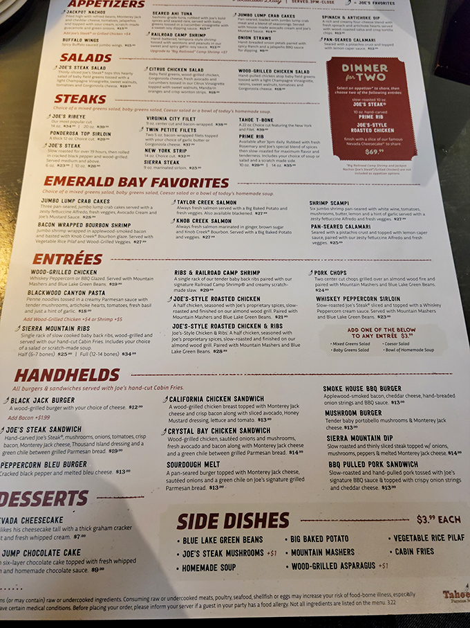 This menu isn't just a list&mdash;it's a treasure map where X marks the spot for legendary steaks and seafood. The "Emerald Bay Favorites" section alone could make a vegetarian reconsider their life choices.