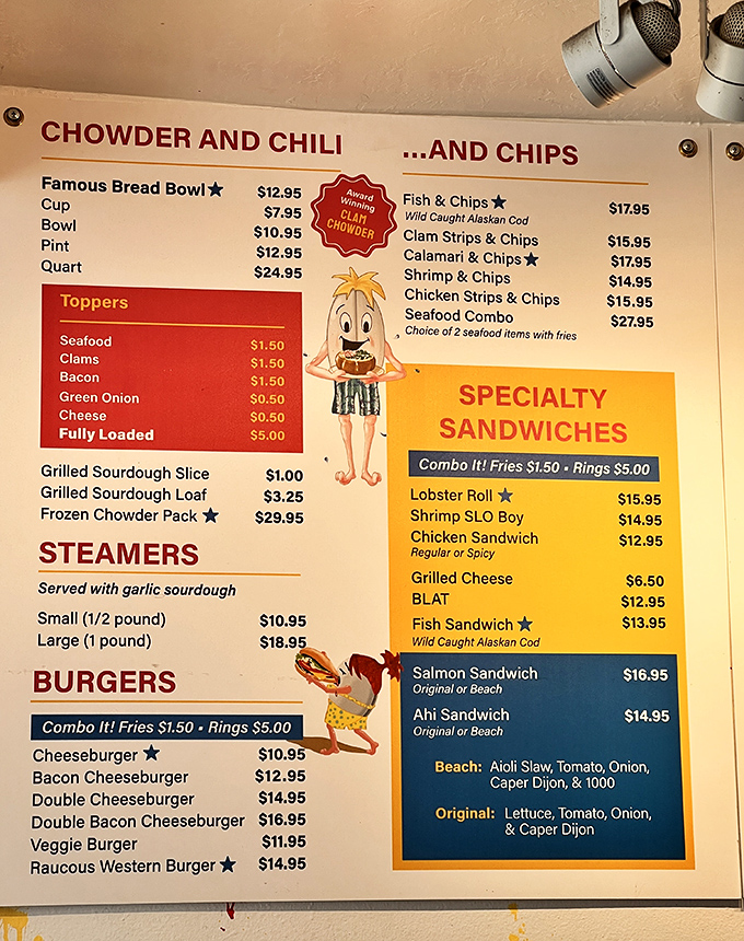 The menu reads like a love letter to seafood enthusiasts. That red badge of honor for their award-winning chowder isn't just marketing&mdash;it's a well-earned crown.