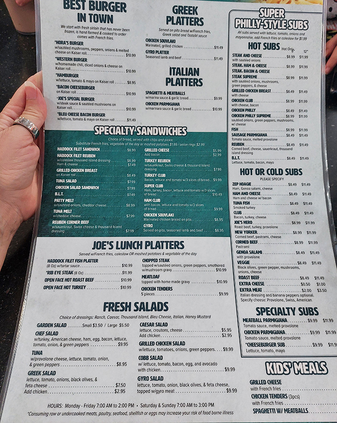 A menu that doesn't need fancy fonts to impress&mdash;just honest offerings from "Best Burger in Town" to Mediterranean platters that promise satisfaction without pretension.