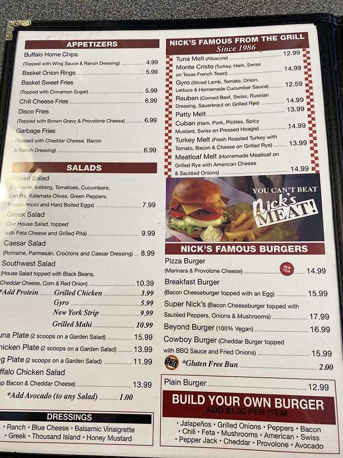 This menu isn't just a list of food&mdash;it's a roadmap to happiness. The "You Can't Beat Nick's MEAT!" slogan is both promise and challenge.