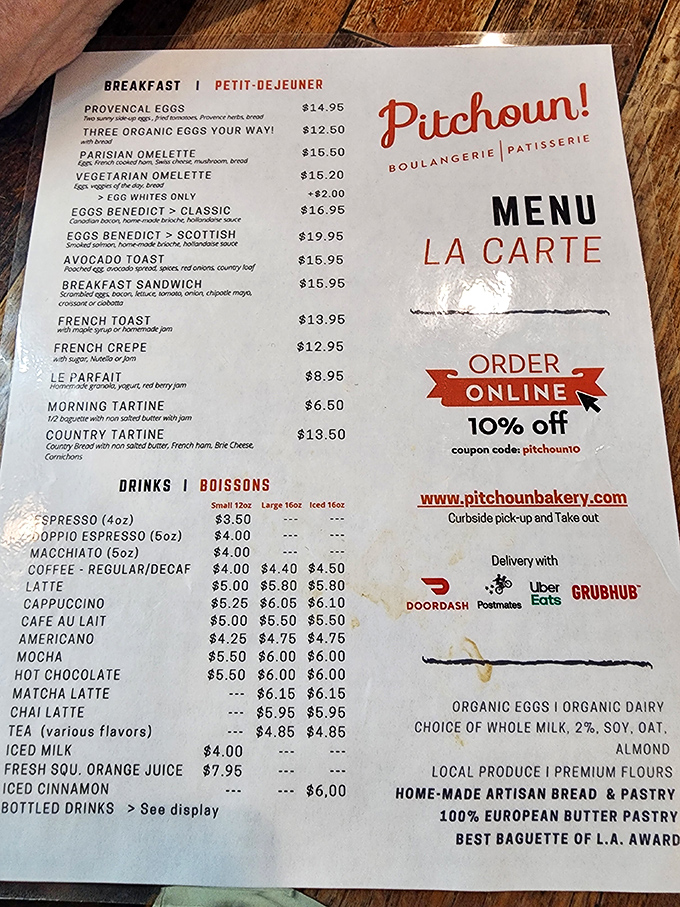 A menu that reads like a love letter to French cuisine. Each item promises a mini-vacation for your taste buds.