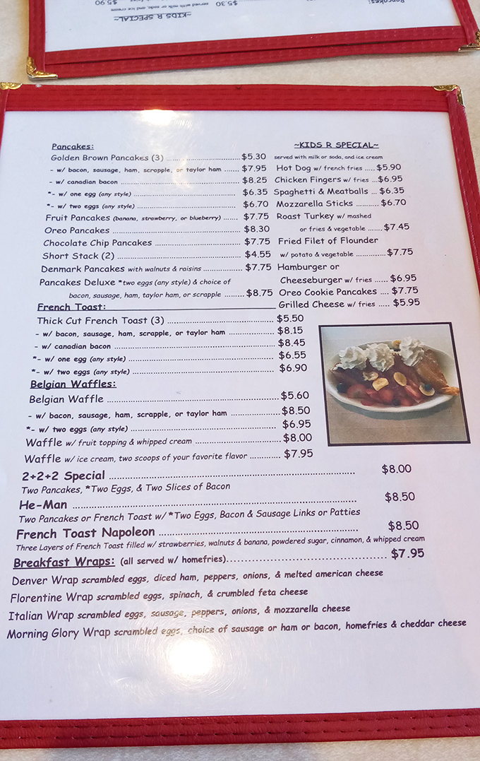 The breakfast menu reads like poetry to hungry travelers. From the legendary "He-Man" to the decadent "French Toast Napoleon," choices abound for morning feasts.