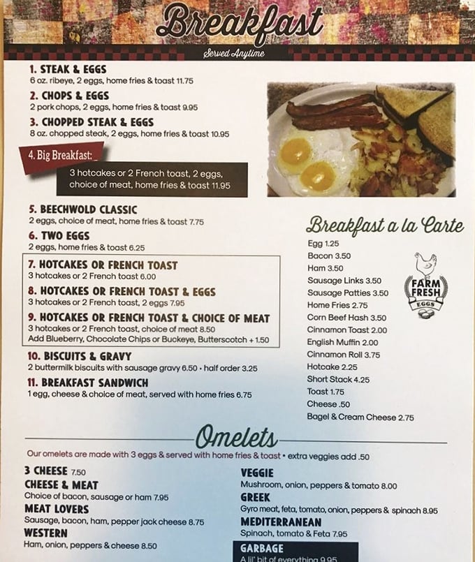 This menu isn't trying to reinvent breakfast &ndash; it's perfecting it. From steak and eggs to Greek omelets, every classic diner staple finds its highest form here.