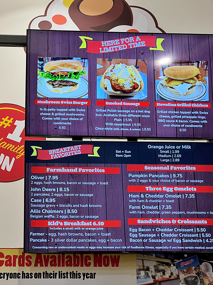 Farm-themed breakfast names like "Oliver" and "John Deere" prove that tractors and pancakes are a match made in heartland heaven.