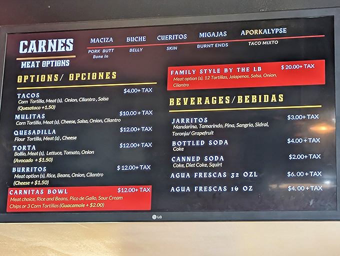 The menu board reads like a love letter to pork. "Aporkalypse" isn't just clever wordplay&mdash;it's a life-changing taco experience.