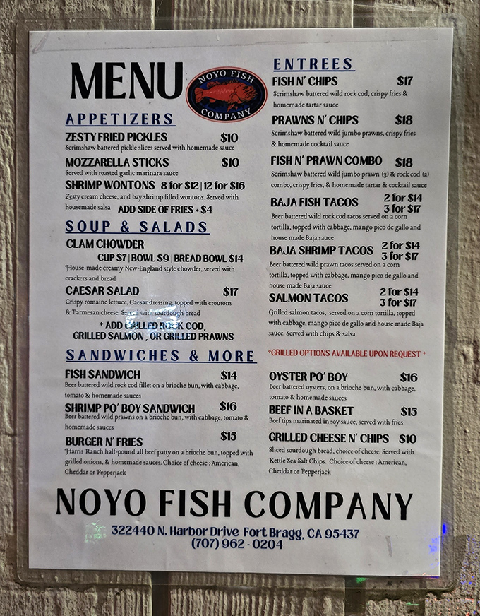 A menu that reads like seafood poetry&mdash;simple, direct, and promising the kind of maritime delights that make you want to high-five a fisherman.