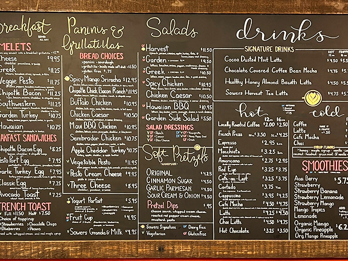 A menu board that makes decisions delightfully difficult. The soft pretzel section alone is worth a moment of silent contemplation.