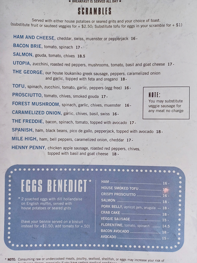 The scrambles menu reads like breakfast poetry&mdash;each combination more tempting than the last. "The George" is calling my name!