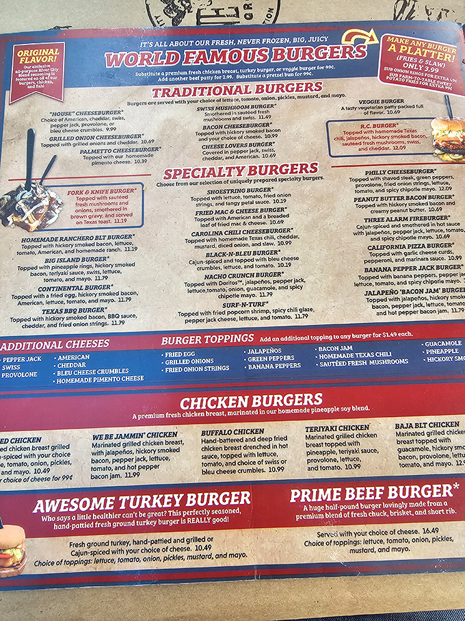 The menu that launched a thousand food comas. Their "World Famous Burgers" aren't just a bold claim&mdash;they're a delicious promise.