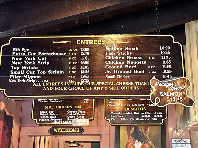 This menu board tells you everything you need to know&mdash;straightforward steaks, reasonable prices, and the promise of that legendary cheese toast with every entr&eacute;e.