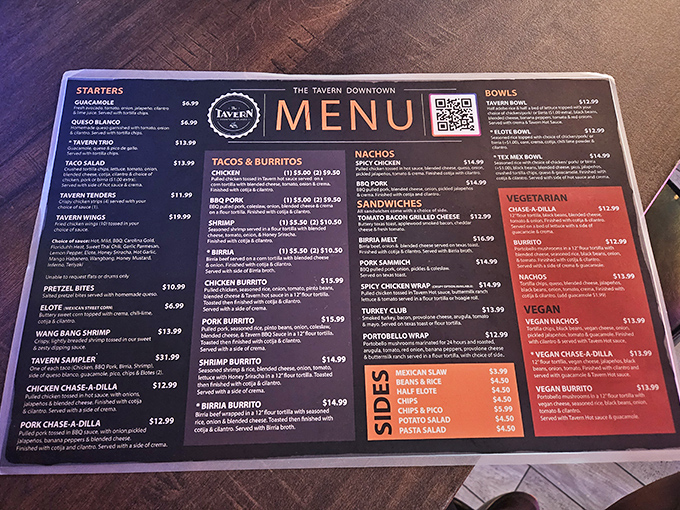 A menu that doesn't mess around. From wings to tacos, each offering promises the kind of satisfaction that makes you plan your next visit before finishing your meal.