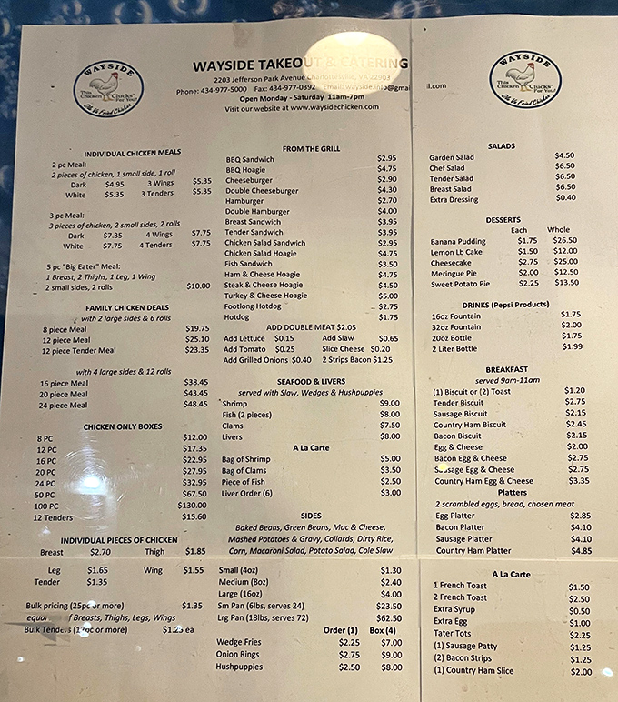 A menu that reads like poetry to hungry souls. No QR codes or digital displays here&mdash;just the honest listing of Southern comfort written in black and white.