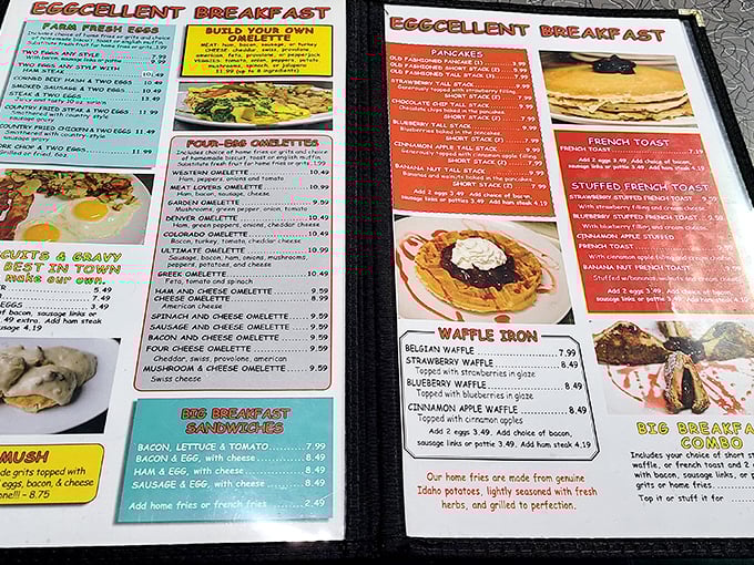 This menu isn't just offering breakfast&mdash;it's presenting a manifesto of morning possibilities. The "Super Duper Town Omelette" practically demands your attention.