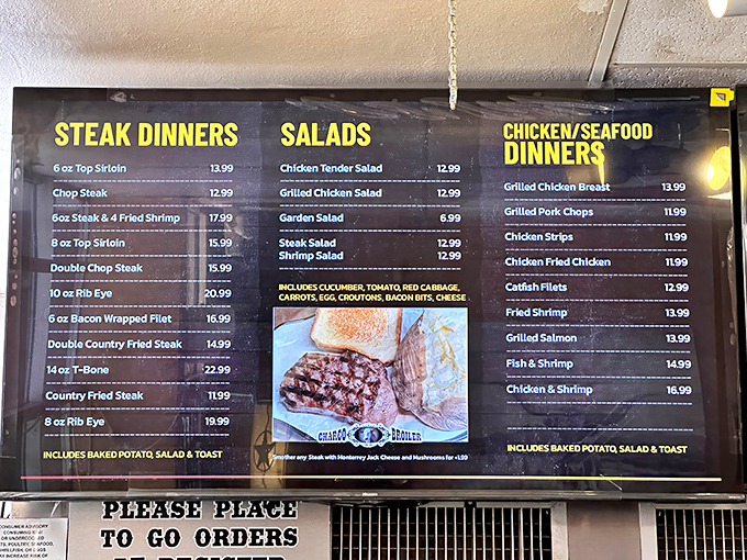 The menu board tells the whole story: no fusion cuisine or deconstructed anything, just straightforward steaks that speak the universal language of delicious.
