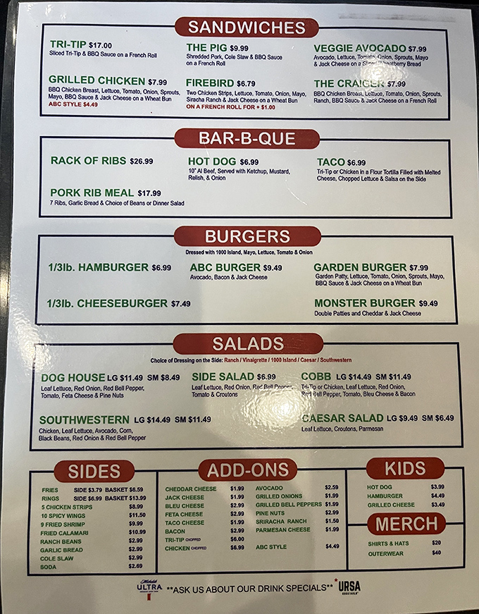 This menu reads like a love letter to American appetite, with options spanning burgers to barbecue perfection.