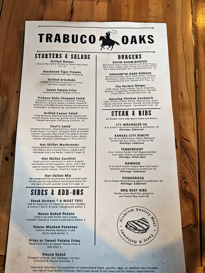A menu that gets straight to the point: spectacular steaks with no unnecessary frills. The cowboy silhouette says everything you need to know.