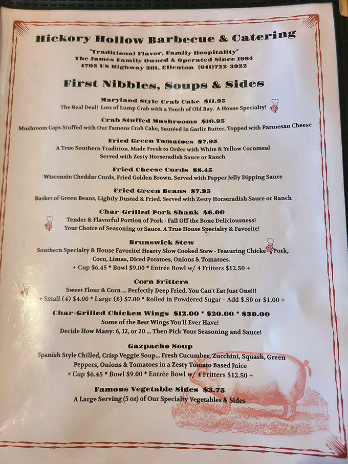 A menu that reads like a love letter to Southern cuisine, with Maryland crab cakes making a surprising but welcome appearance in Florida's BBQ landscape.